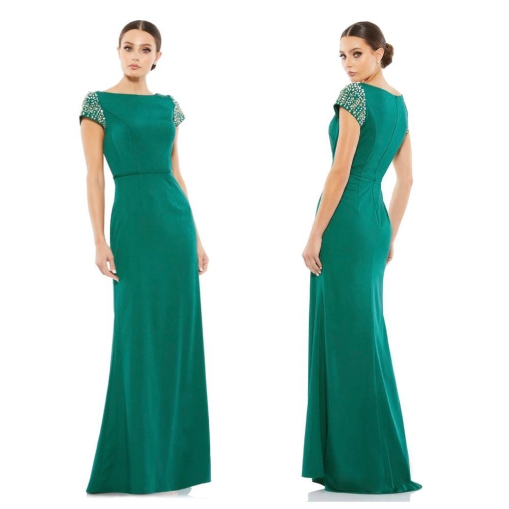 Mac Duggal Beaded Cap Sleeve Satin Sheath Gown In Eme… - Gem